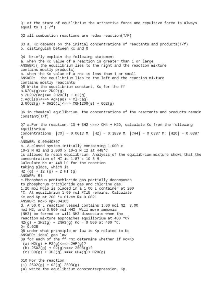 Chemical Equilibrium Questions | PDF | Chemical Equilibrium | Chemistry