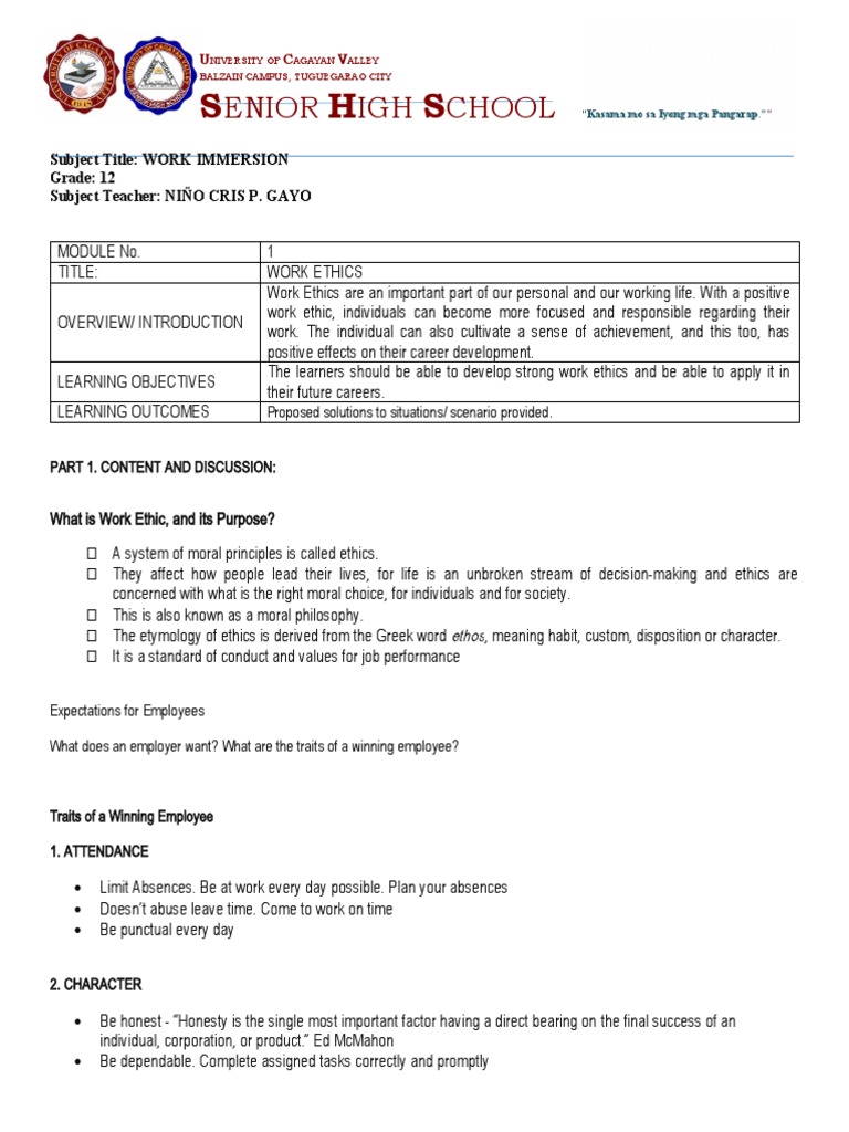 Work Immersion (Module 1) | PDF | Morality | Psychology