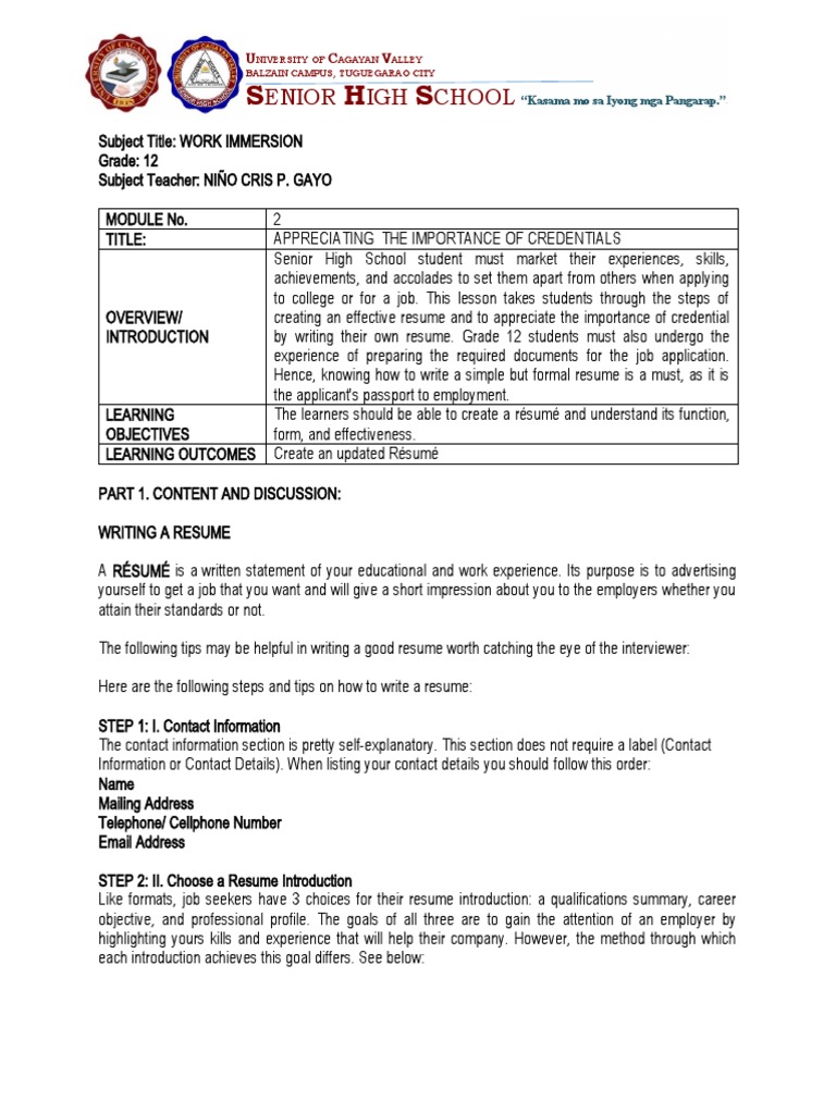 WORK IMMERSION (Module 2) | PDF | Résumé | Behavior Modification