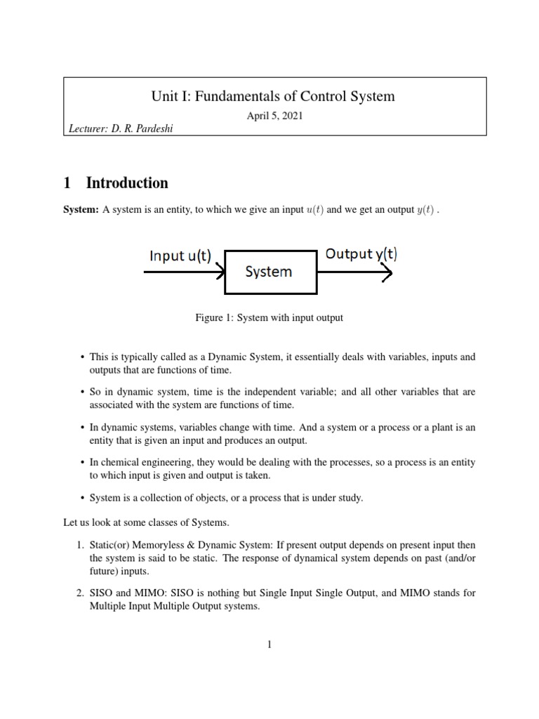 Unit I: Fundamentals of Control System: Lecturer: D. R. Pardeshi | PDF ...