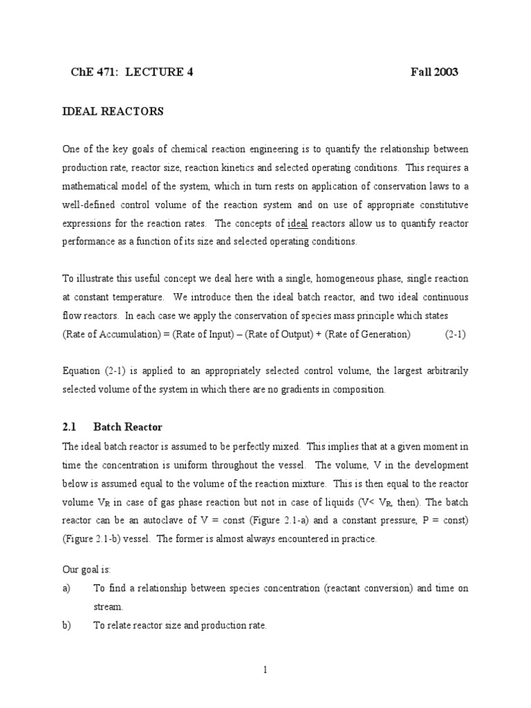 Che 471: Lecture 4 Fall 2003: Ideal Reactors | PDF | Chemical Reactor | Stoichiometry