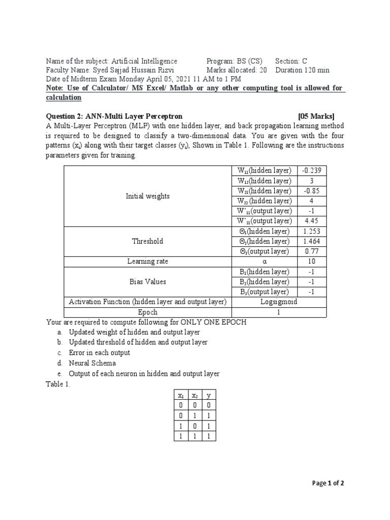 Calculation: Question 2: ANN-Multi Layer Perceptron (05 Marks) | PDF ...