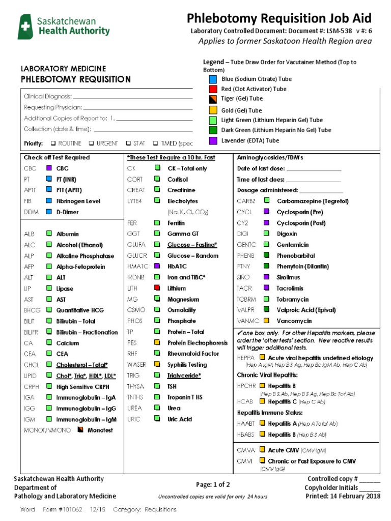 Phlebotomy Requisition Guide for Saskatoon | PDF