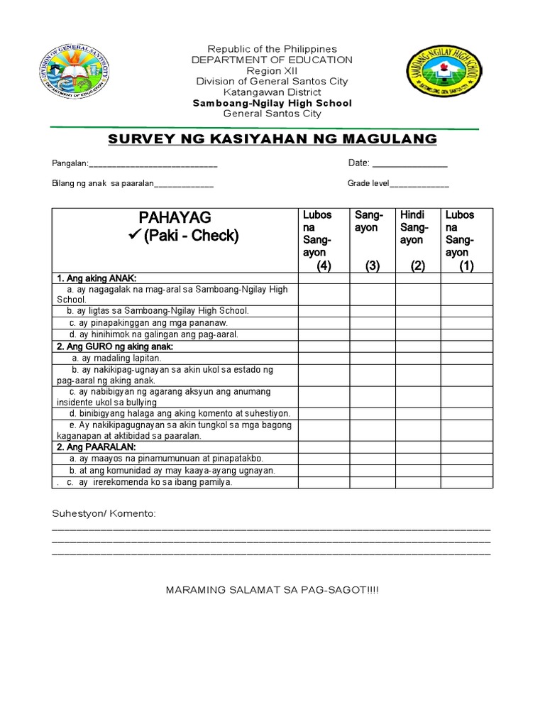Parent Satisfaction Survey Filipino | PDF