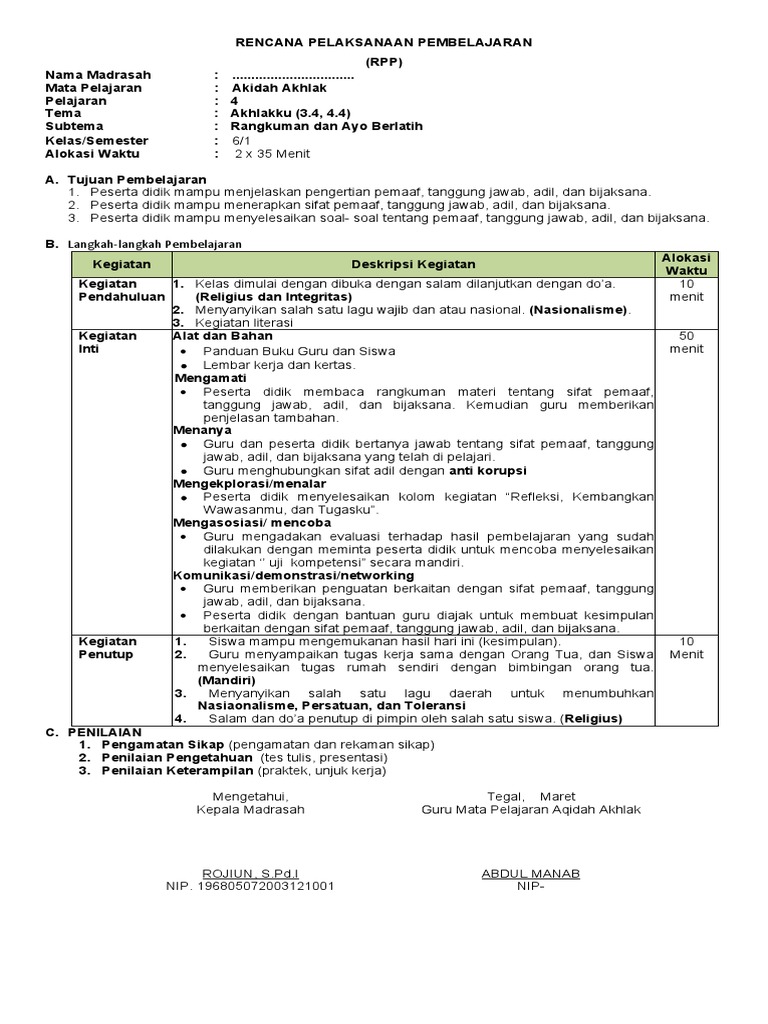 RPP Akidah Akhlak Kelas 6 - MI Nurul Huda 01 | PDF | Karier & Perkembangan