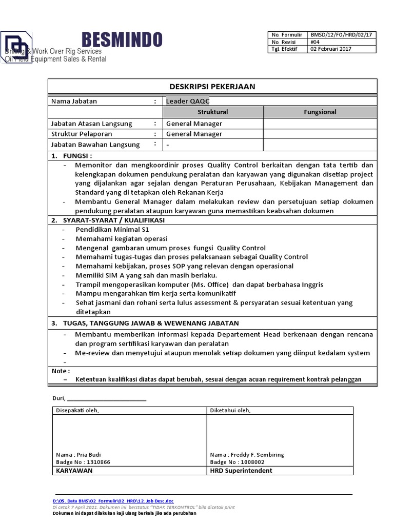 Job Desc QAQC LEader | PDF