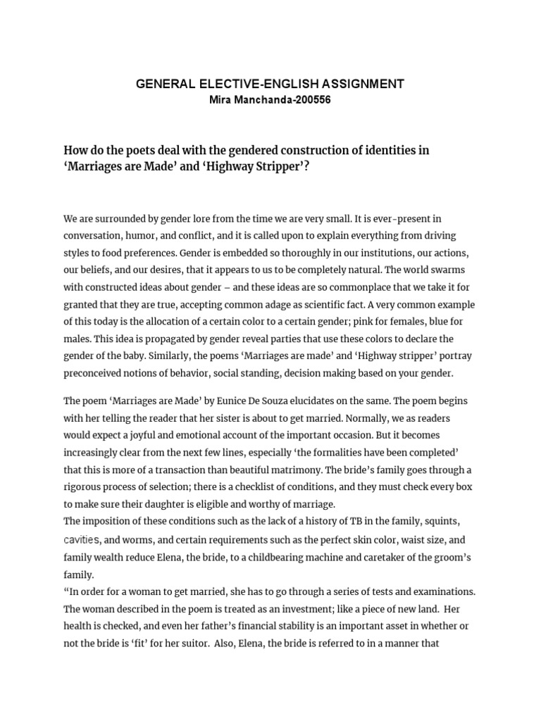 General Elective-English Assignment: Mira Manchanda-200556 | PDF | Gender | Gender Studies