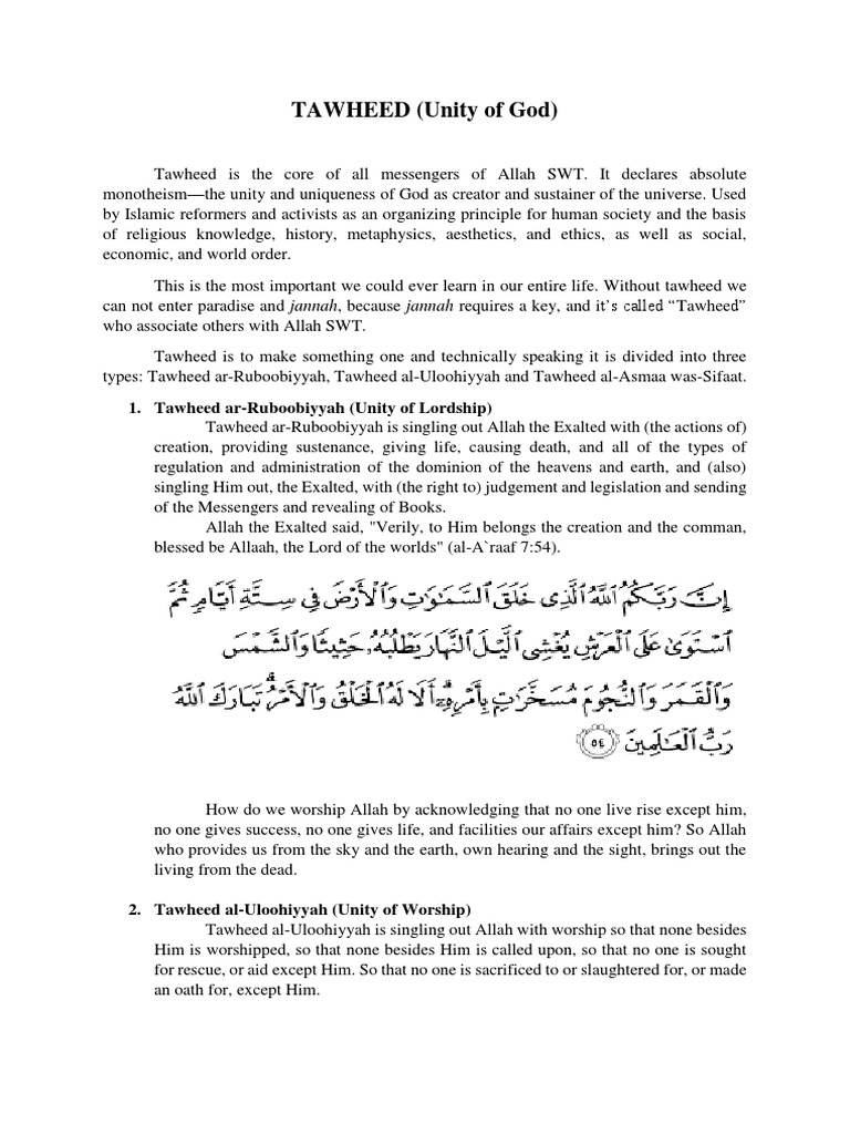 Tawheed Ar-Ruboobiyyah (Unity of Lordship) | PDF | Tawhid | God In Islam