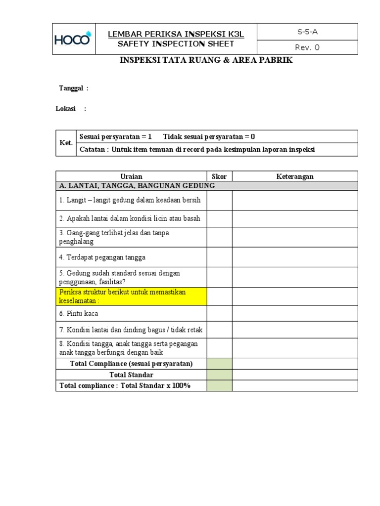 S-5-A Formulir Inspeksi Tata Ruang & Area Pabrik | PDF