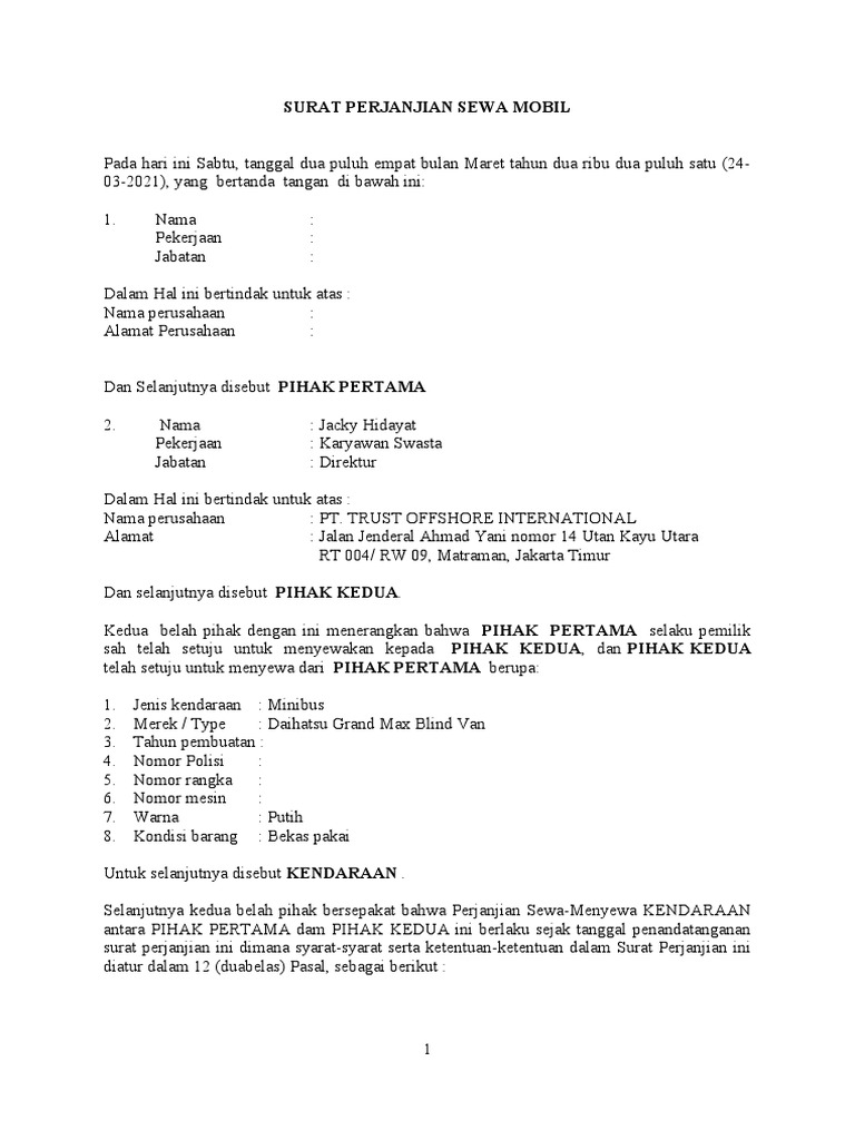 Draft Perjanjian Sewa Mobil TROI SUBocx | PDF | Bisnis | Pengelolaan ...
