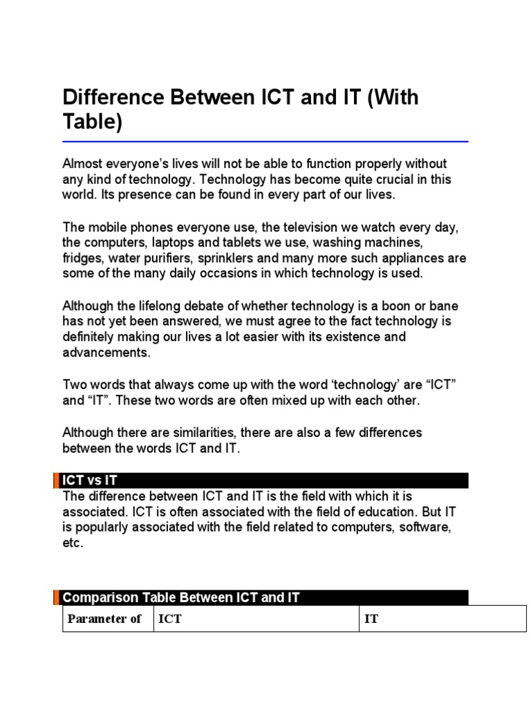 Difference Between ICT and IT | PDF | Information And Communications ...