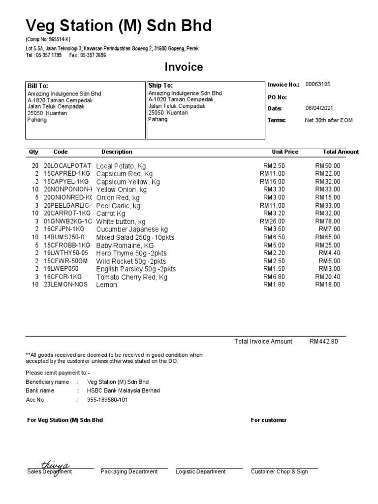 Veg Station (M) SDN BHD: Invoice | PDF | Agronomy | Cuisine