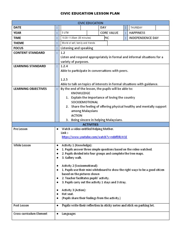 Civic LESSON PLAN Year 5 | PDF | Lesson Plan | Teachers