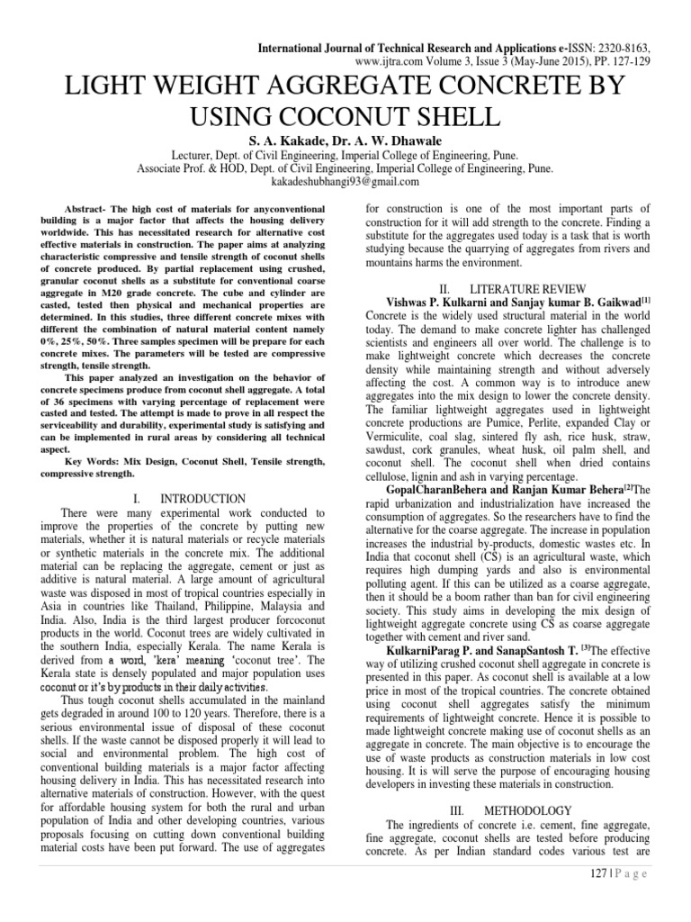 Light Weight Aggregate Concrete by Using Coconut Shell: S. A. Kakade ...