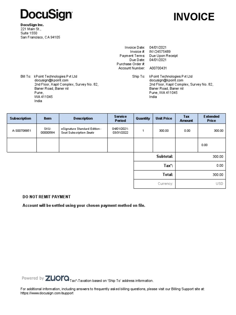 Invoice for eSignature Standard Edition Subscription | PDF | Invoice ...