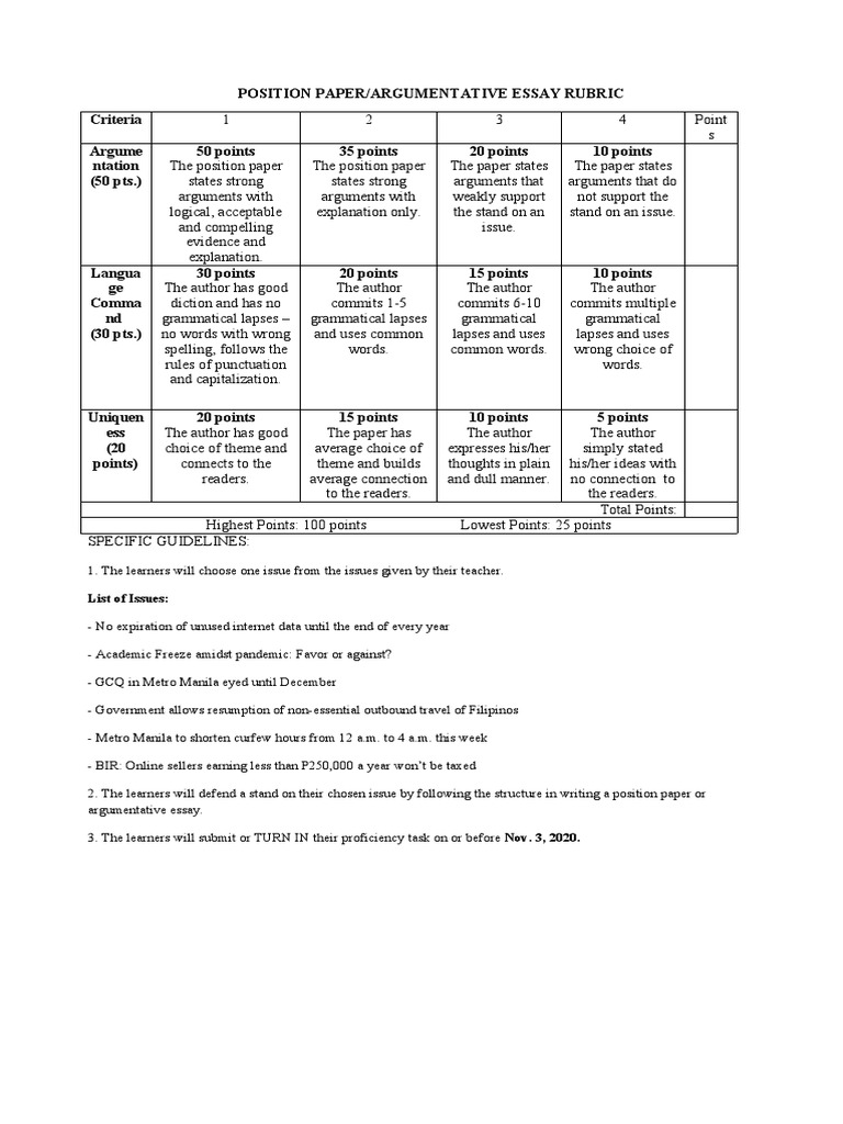 Position Paper Rubric and Guidelines | PDF | Human Communication | Linguistics