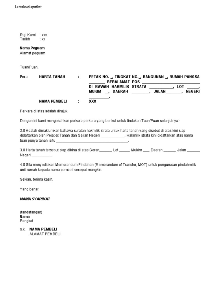 Contoh Surat Hakmilik Strata KPD Peguam | PDF