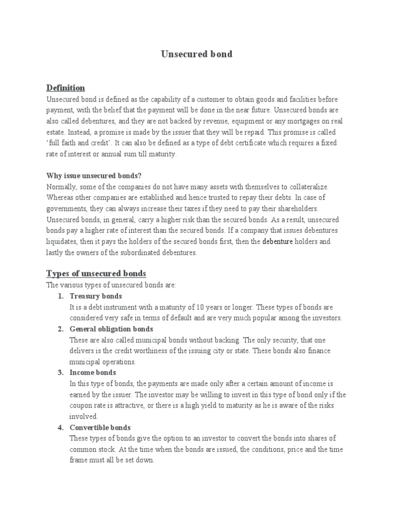 Unsecured Bond: Why Issue Unsecured Bonds? | PDF | Debenture | Bonds ...