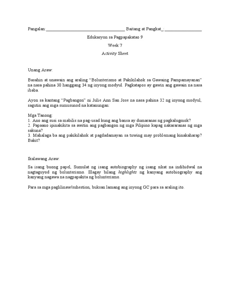 Week 7 Worksheet g9 Esp | PDF