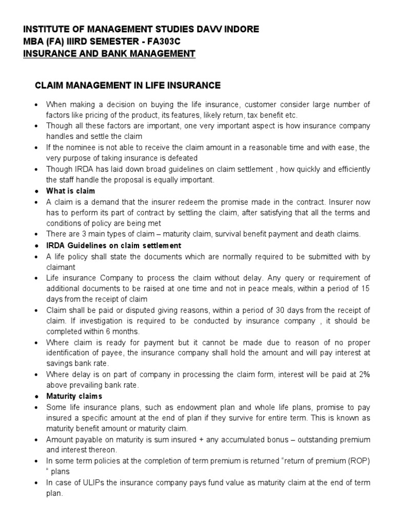 Claim Management Life Insurance - Docs | PDF | Insurance | Cheque