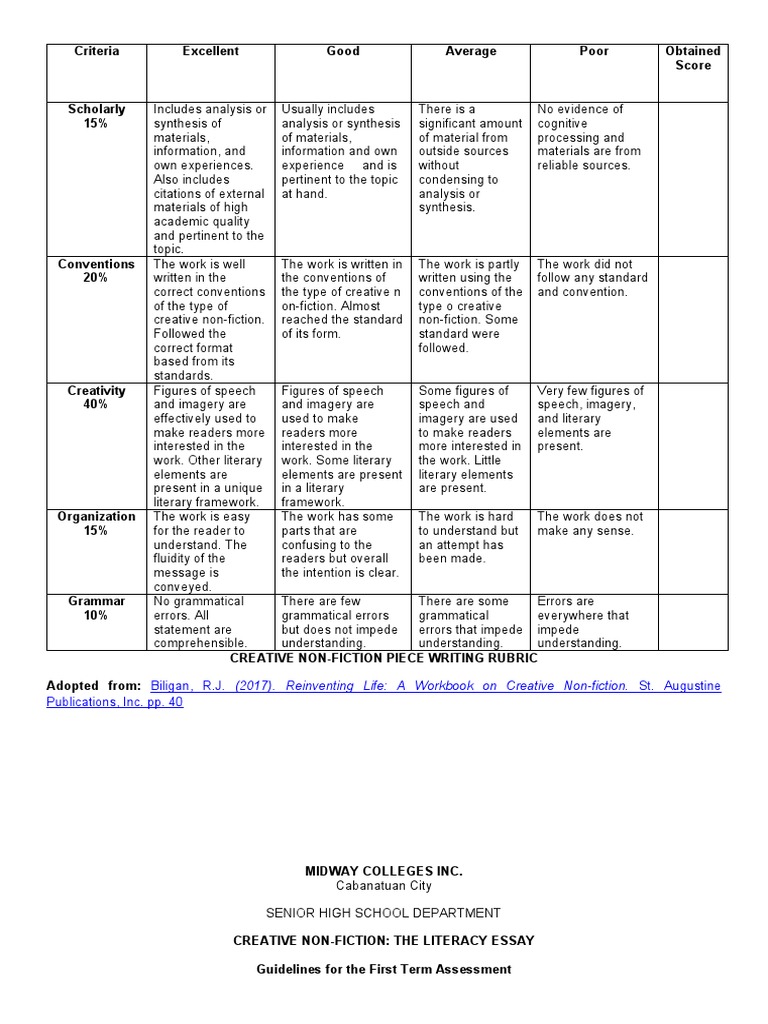 Creative Non-Fiction Piece Rubric | PDF | Cognitive Science | Communication