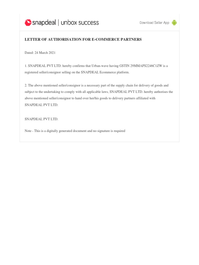 Letter of Authorisation For E-Commerce Partners | PDF