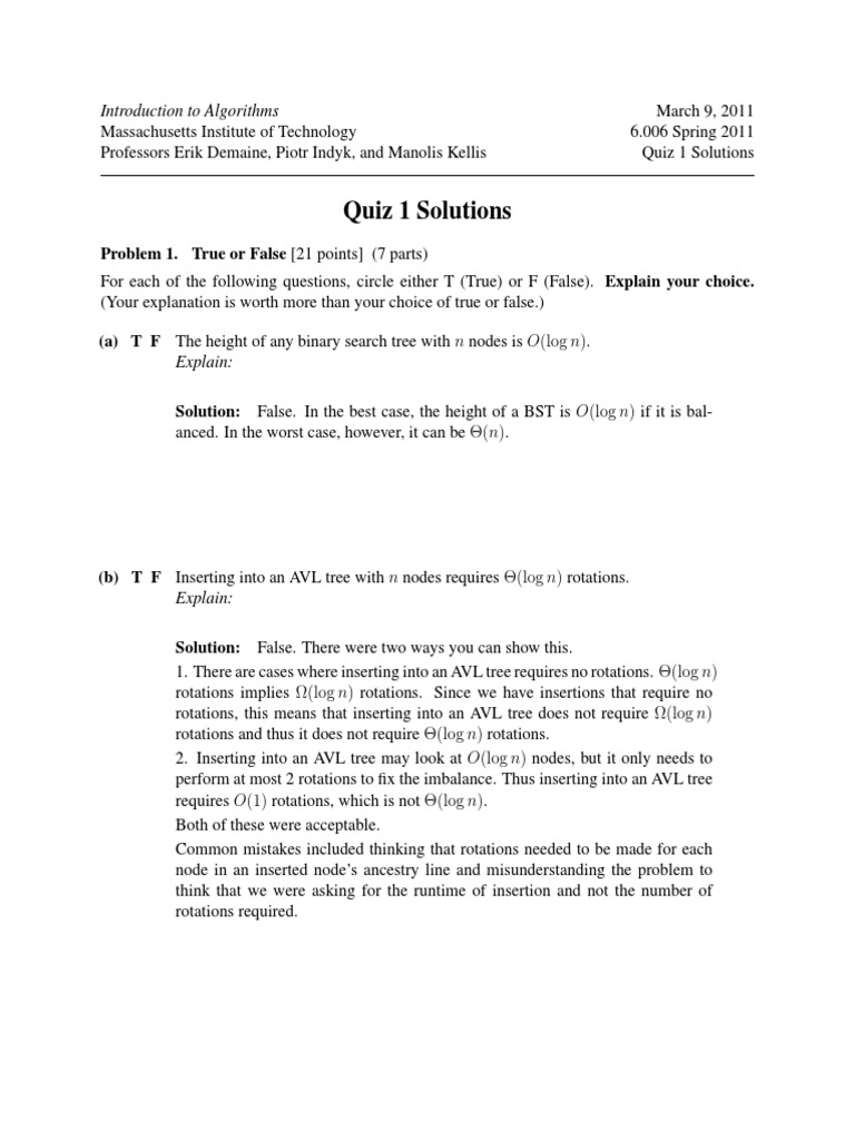 Quiz 1 Solutions | PDF | Algorithms And Data Structures | Algorithms