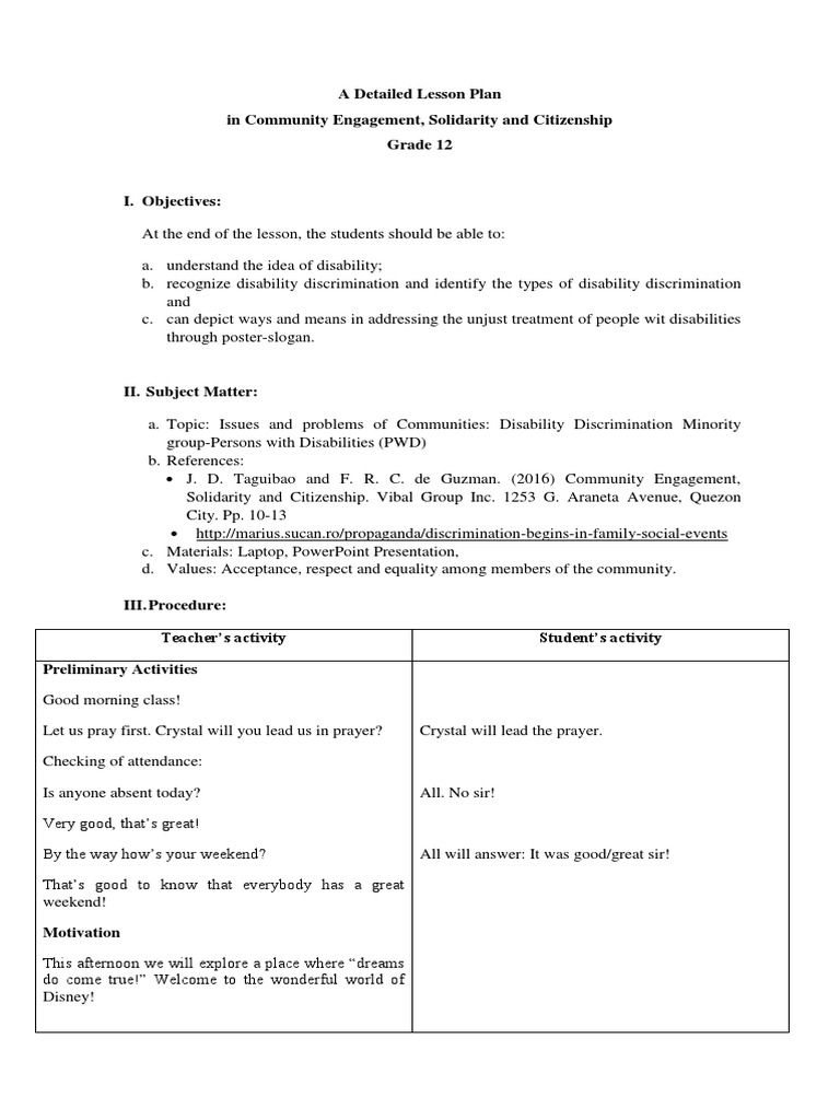 A Detailed Lesson Plan in Community Engagement, Solidarity and ...