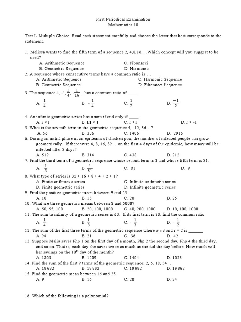 First Periodical - Math 10 | PDF | Polynomial | Sequence