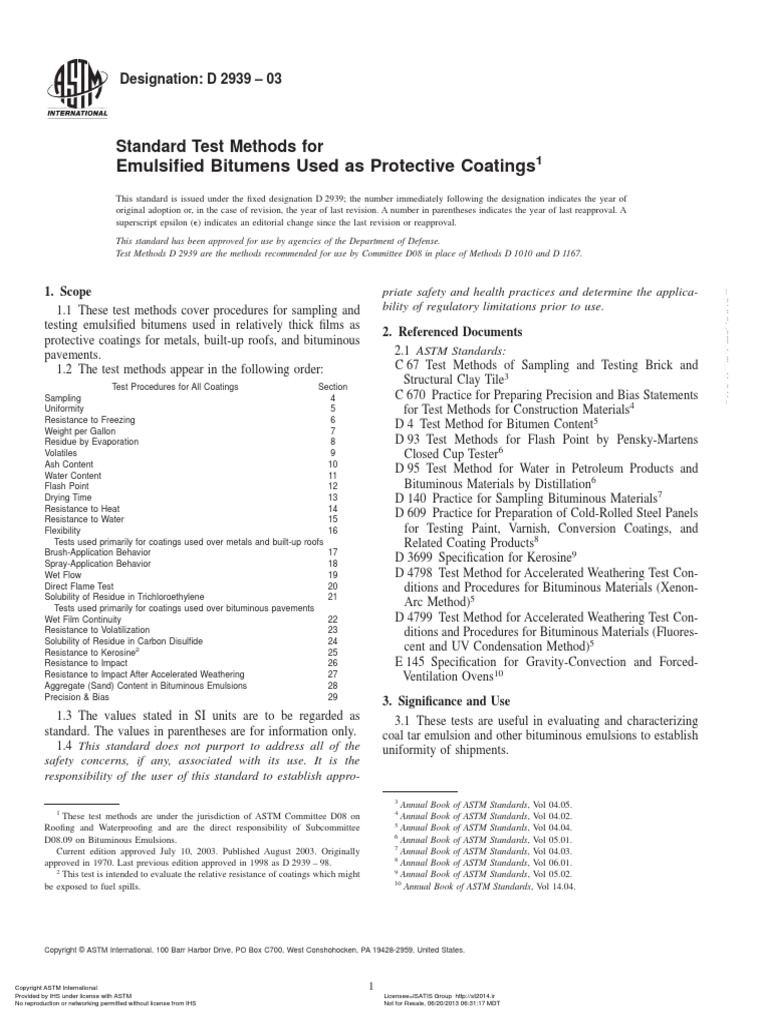 ASTM D2939 2003 Emulsified Bitumens Protective Coatings | PDF | Asphalt ...