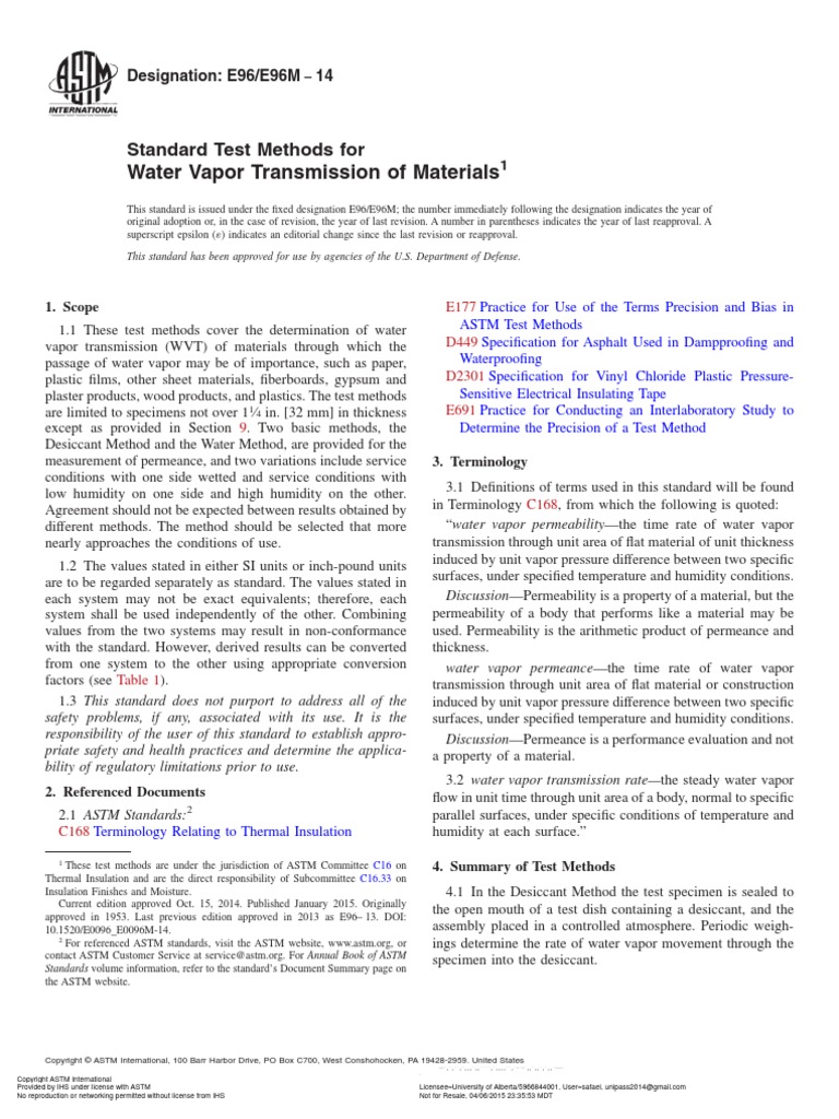 Astm E96-96m 2014 | PDF | Relative Humidity | Density