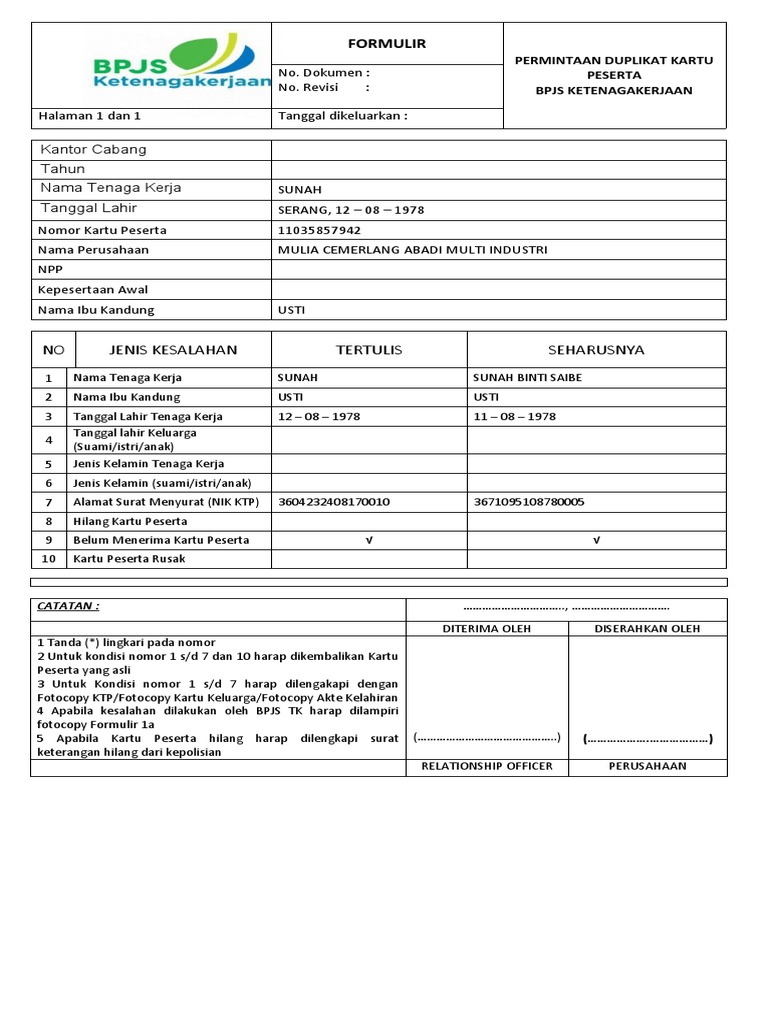 Formulir Koreksi Data Ibu Sunah | PDF