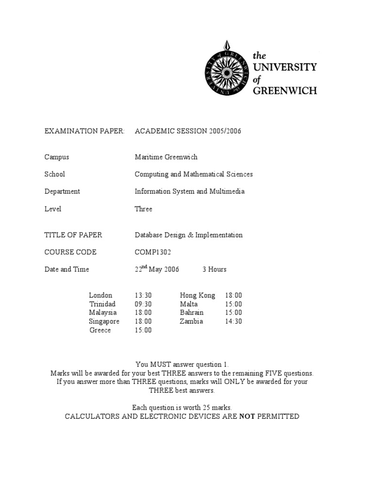 Database Design And Implementation Exam June 2006 Uk University Bsc