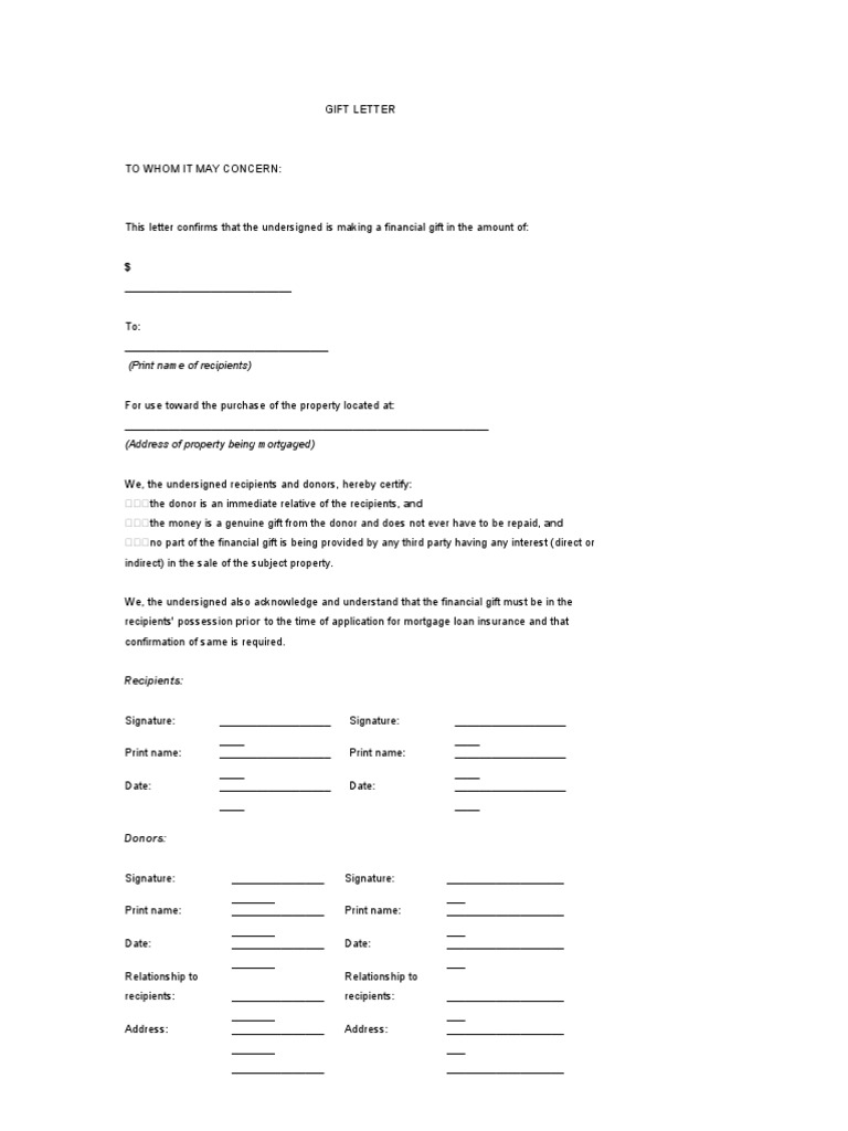 Gift Letter Template | PDF | Mortgage Loan | Financial Services