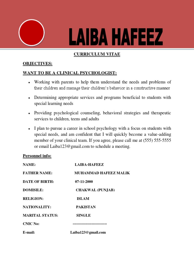 Curriculum Vitae Objectives: Want To Be A Clinical Psychologist | PDF ...