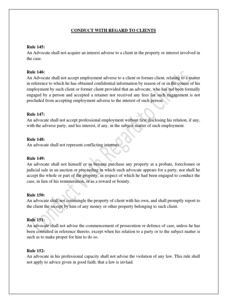 Rule 145 158 Conduct With Regards To Clients | PDF | Advocate | Legal ...