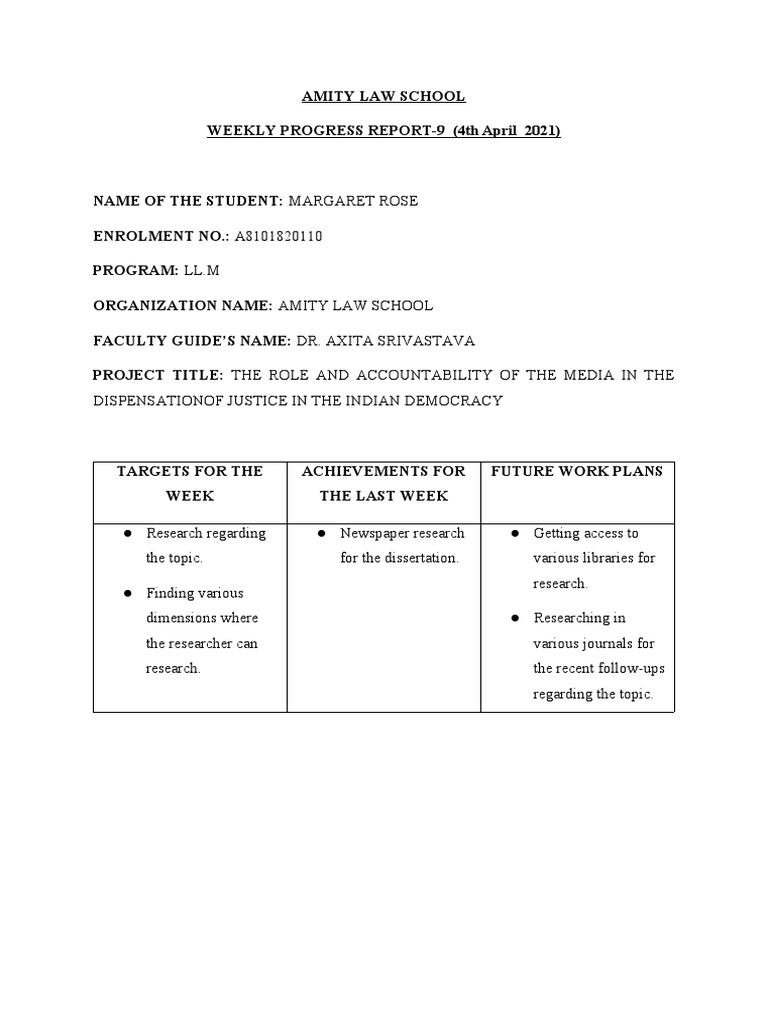 Margaret Rose's Weekly Progress Report on Her LL.M Dissertation ...