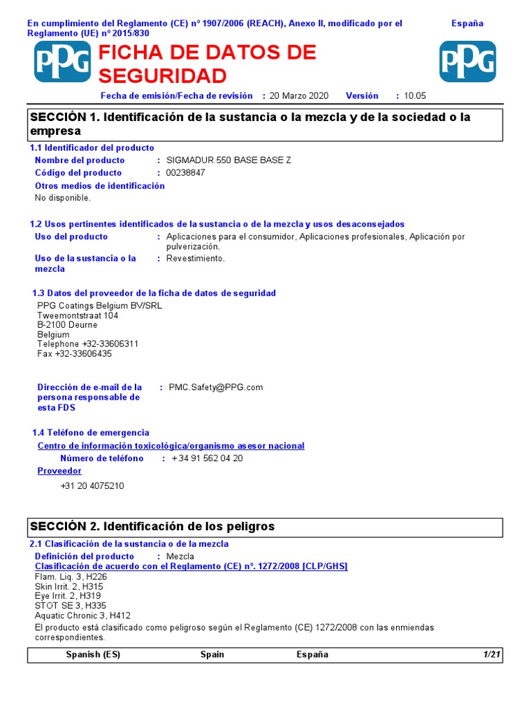 MSDS Sigmadur 550 Base Z | PDF | Guante | Contaminación