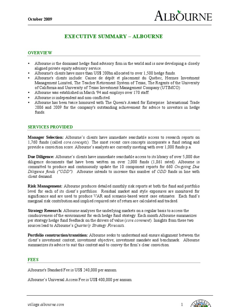 Albourne Executive Summary | PDF | Hedge Fund | Investment Management