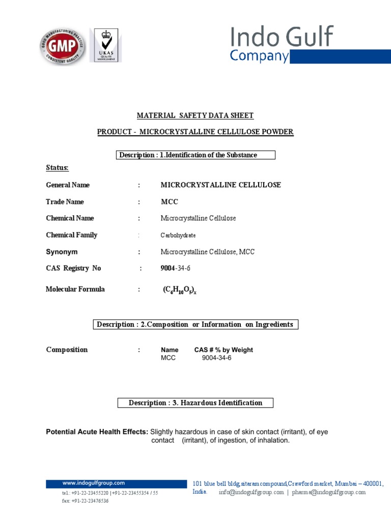 MSDS Microcrystalline Cellulose | PDF | Toxicity | Safety