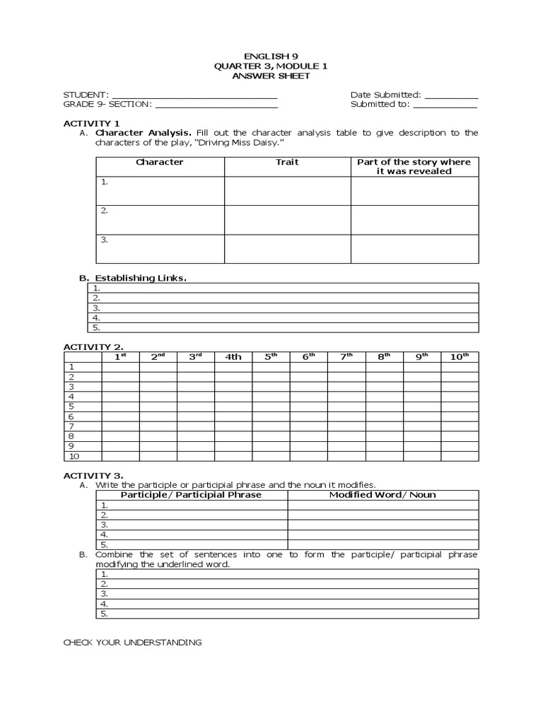 ENGLISH 9 Answer Sheet Module 1 | PDF
