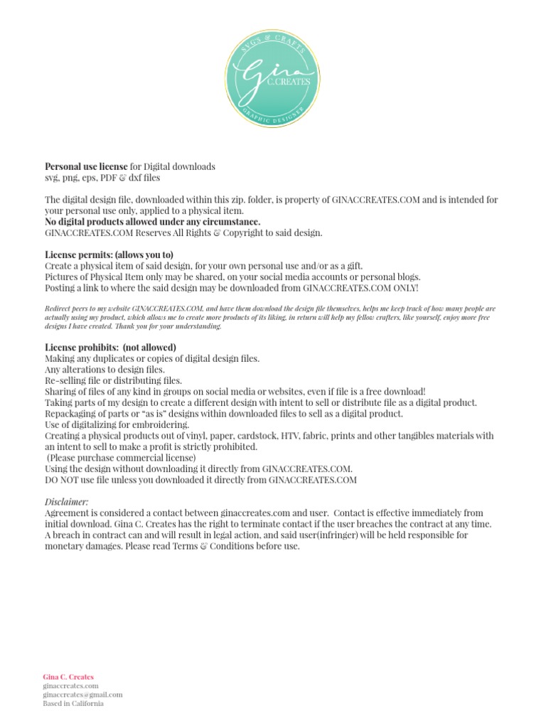 Personal Use License For Digital Downloads: Disclaimer | PDF