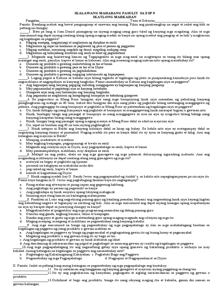 Ikalawang Mahabang Pasulit Sa Esp 9-3rd Grading | PDF