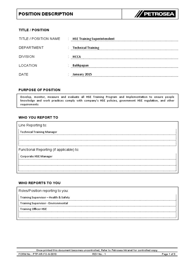 JobDesc - HSE Training Superintendent | PDF | Occupational Safety And ...