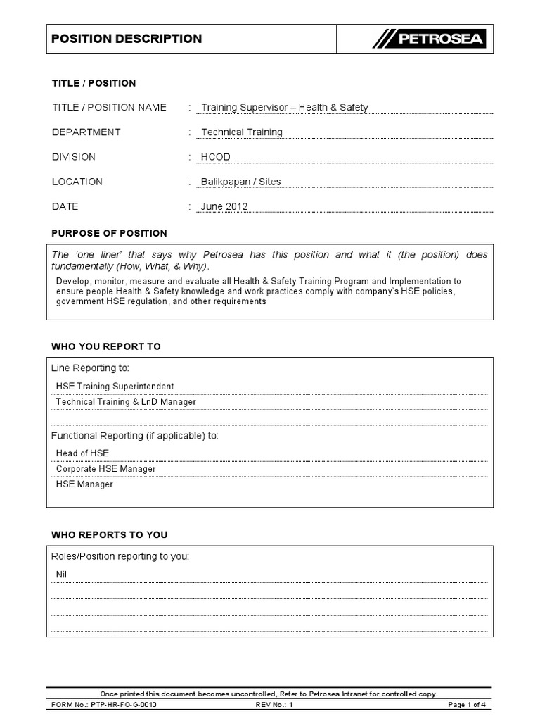 JobDesc - Training Supervisor - Health & Safety | PDF | Occupational ...