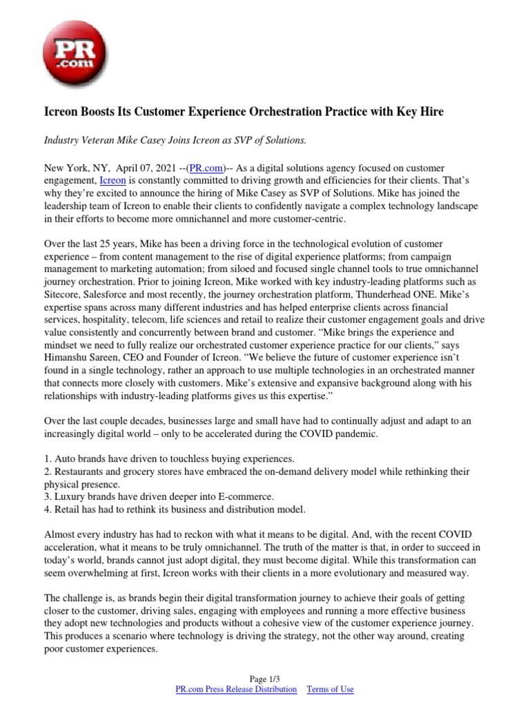Icreon Boosts Its Customer Experience Orchestration Practice With Key Hire | PDF | Customer ...