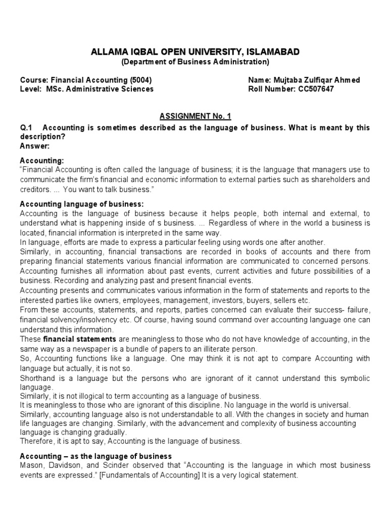 Financial Accounting 5004 Assignment No 1 Aiou Pdf Debits And