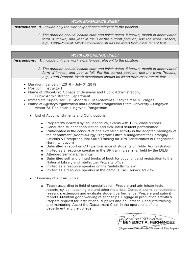 Work Experience Sheet: Instructions: 1. Include Only The Work ...