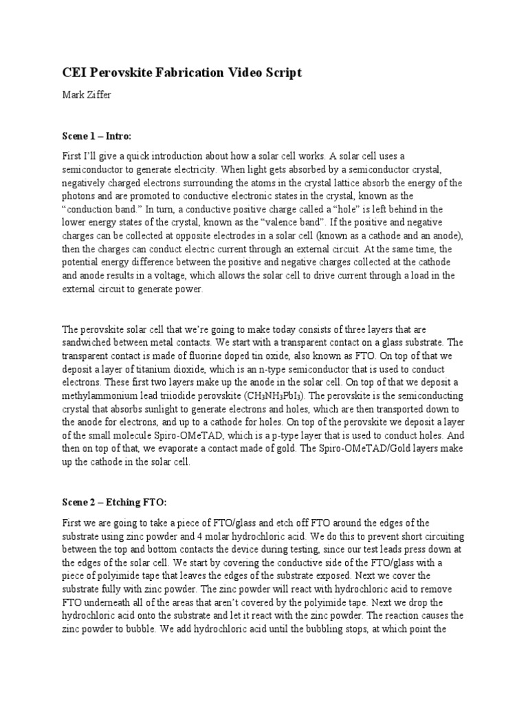 CEI Perovskite Fabrication Video Script: Scene 1 - Intro | PDF ...