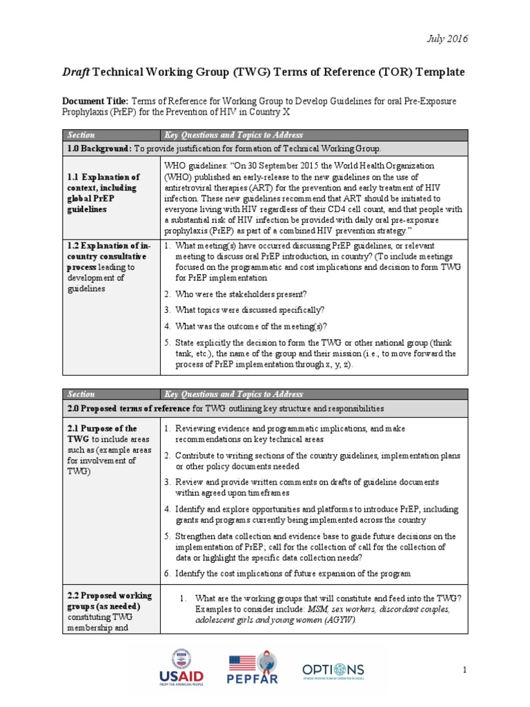 Draft Technical Working Group (TWG) Terms of Reference (TOR) Template | PDF | Health Care | Wellness